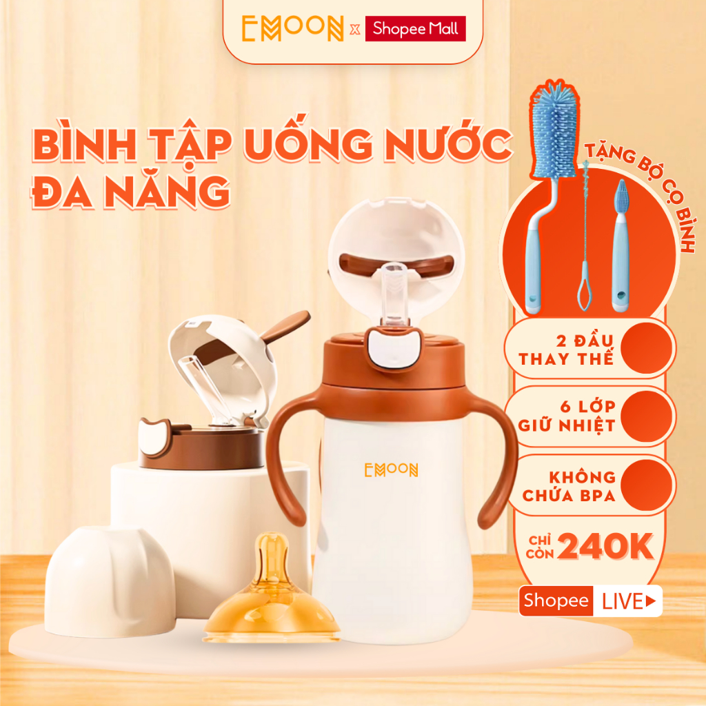 Bình tập hút nước đa năng Emoon 2 trong 1 cho bé, giữ nhiệt 24h, inox ...