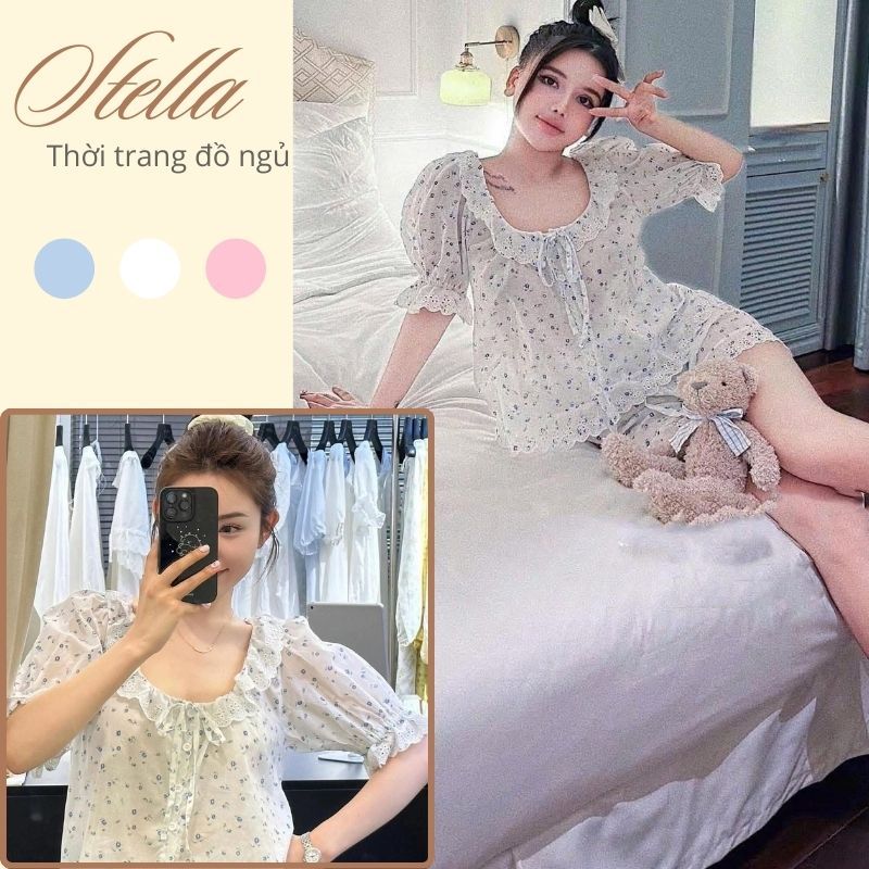 Pijama cao cấp tay ngắn họa tiết hoa nhí xanh mềm mại, đồ bộ nữ mặc nhà cổ bèo HCOM25708 Stella ...