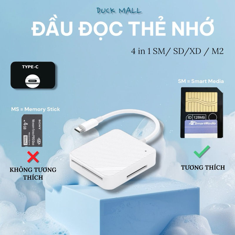 Đầu đọc thẻ nhớ 4in1 SM Smart Media, XD, SD, micro MS (M2) type c ...
