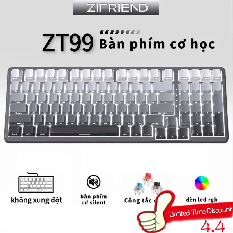 Bàn phím cơ có dây Zifriend ZT99 RGB 99 phím Hotswap Khắc bên tùy chỉnh ...