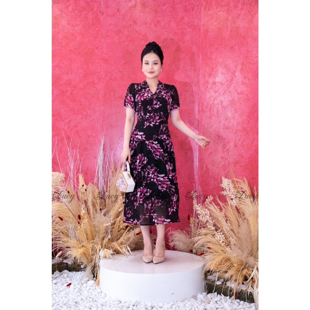 Đầm xoè Chicy 9898 Váy Lucy cổ sen xẻ V cách điệu MiDi Dress | Shopee Việt Nam