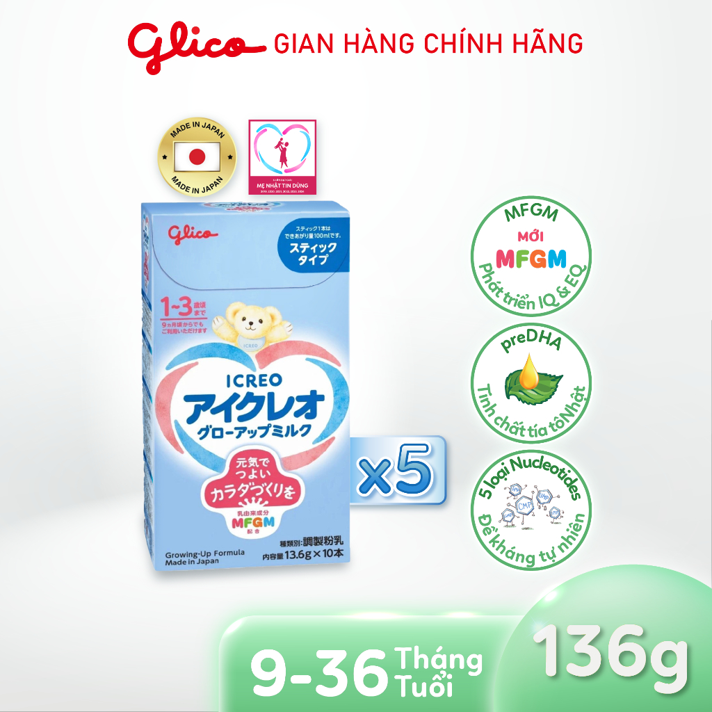 [DUY NHẤT THÁNG 9 - GIẢM 50%] Combo 5 Hộp Sữa Bột Cho Bé Glico Icreo Grow-Up (Số 1) - Hộp 10 x ...