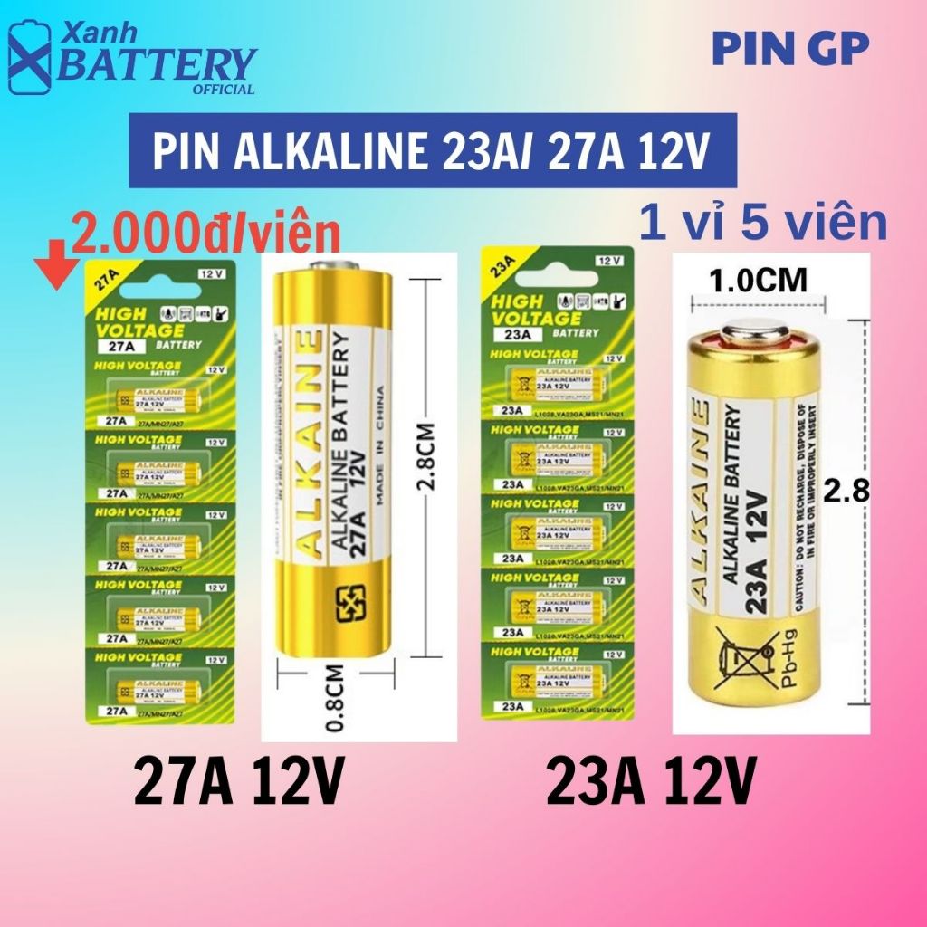 1 Vỉ 5 viên Pin ALKALINE 23A 27A 12V Pin cho Chìa khóa điện, điều khiển cửa cuốn,chuông cửa, báo ...
