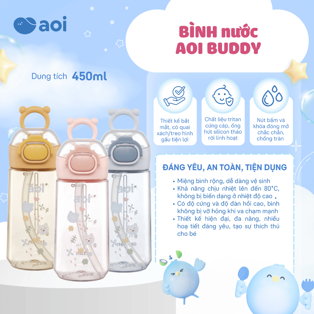 Bình nước AOI Buddy có ống hút cho bé.Thiết kế thông minh,chống rò rỉ ...