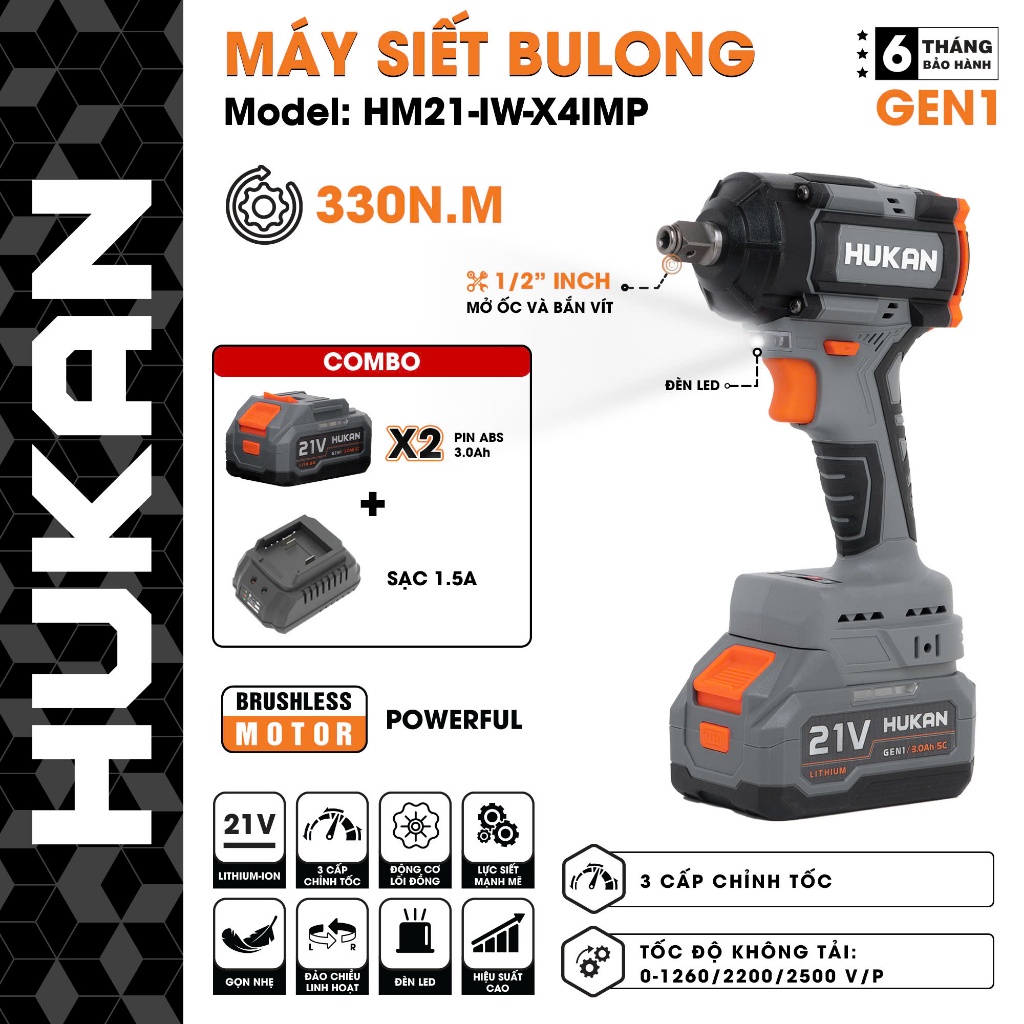 Máy siết bulong pin HUKAN HM21-IW-X4IMP , Không chổi than 330Nm 3 Tốc độ | Shopee Việt Nam