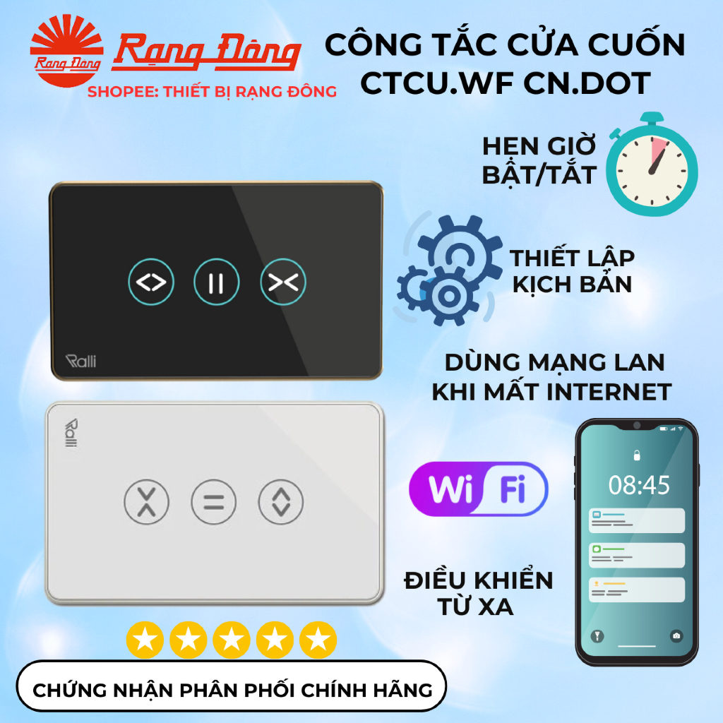 [2025 New] Công tắc cửa cuốn Wifi cảm ứng Rạng Đông chữ nhật Hẹn giờ Điều khiển App CTCU.WF CN ...