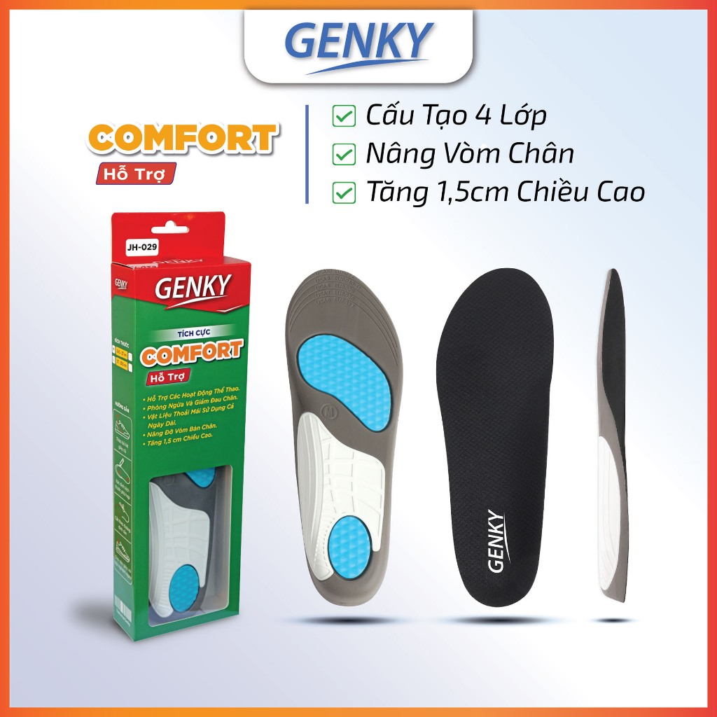 Lót giày thể thao nam nữ Genky Comfort 4 lớp, tăng 1,5cm chiều cao, chống sốc, thấm mồ hôi, khử ...