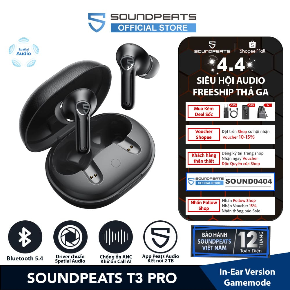 Tai nghe True Wireless SoundPEATS T3 Pro ANC Spatial Audio Bluetooth 5. ...