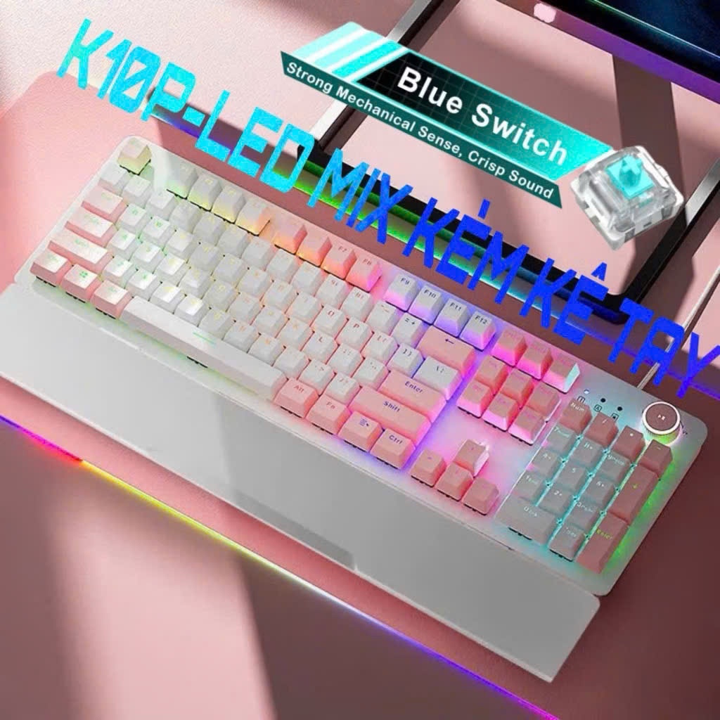 Bàn phím cơ gaming có dây K10G/K10P có núm xoay chỉnh âm lượng, kê tay tháo rời, LED 14 hiệu ứng ...
