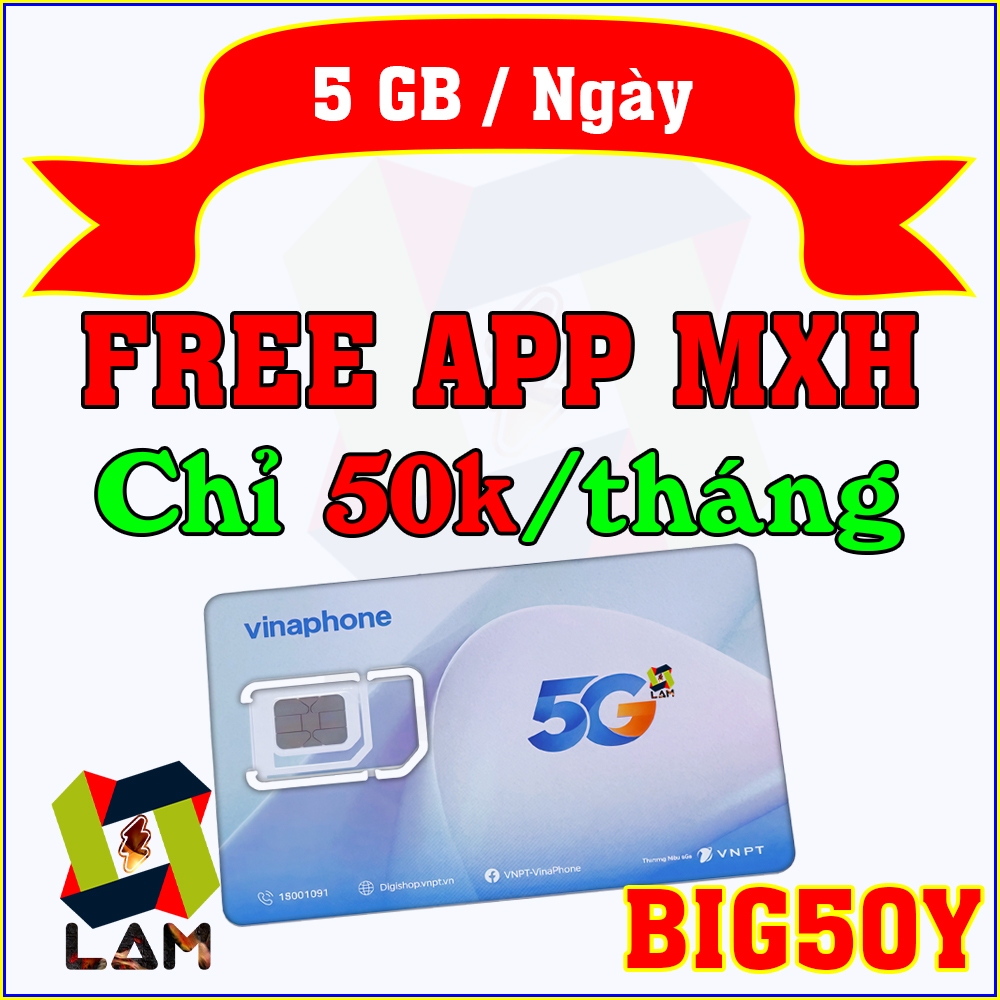 (Chọn Số Đẹp) Sim 4G 5G Vinaphone BIG50Y 5GB/Ngày, Tỷ GB Mạng Xã Hội. Gia hạn chỉ 50k - Có eSIM ...