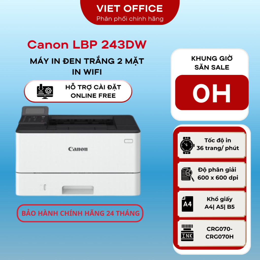 Máy in laser đen trắng Canon LBP 243DW đơn năng (USB, Lan, Wifi, Duplex ...