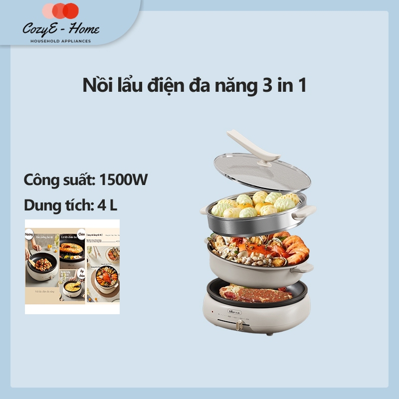 Nồi lẩu điện đa năng 3 in 1 Bear DHG-C40W2, Dung tích 4L , 1500W - Kèm khay nướng Bộ Nồi Lẩu ...