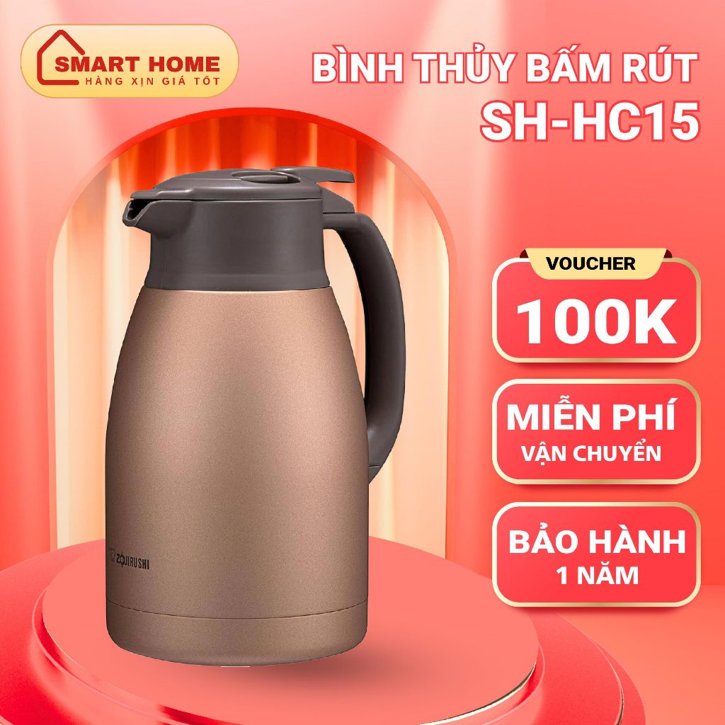 Bình thủy bấm rót Zojirushi SH-HC10/HC15/HC19( Màu nâu), dung tích 1-1.5-1.9L, bảo hành giữ ...