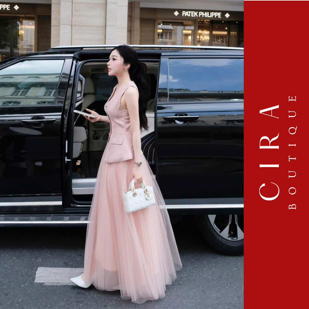 Cira Boutique Set Áo Gile 3 Nút Vải Bố Xước Phối Chân Váy Lưới Xoè ...