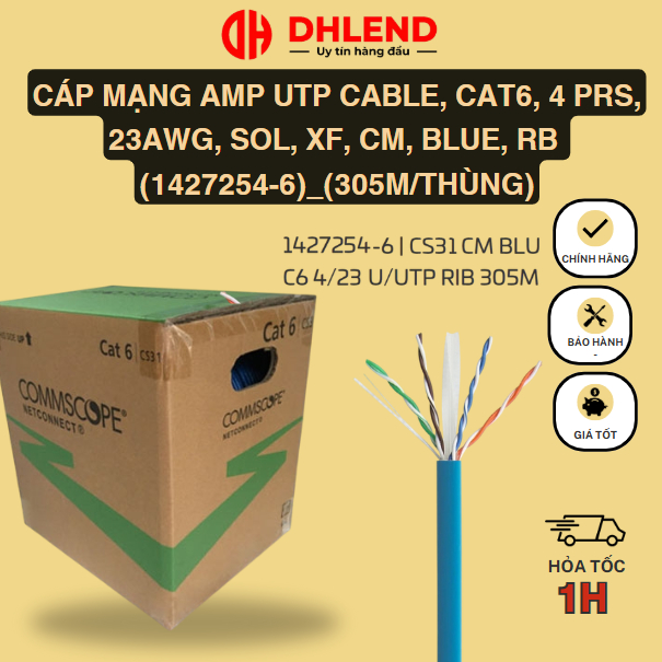 CÁP MẠNG AMP UTP Cable, Cat6, 4 Prs, 23AWG, Sol, XF, CM, Blue, RB ...