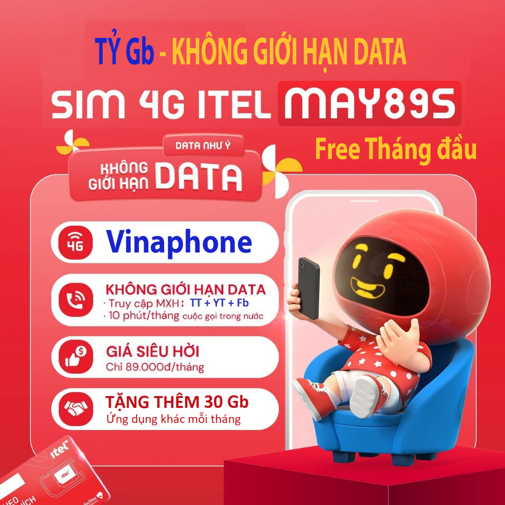 SIM itel MAY 4G VINAPHONE, [Miễn phí 1 tháng] Gọi VINAPHONE 77 Miễn phí 1000 Phút 120G/th ...