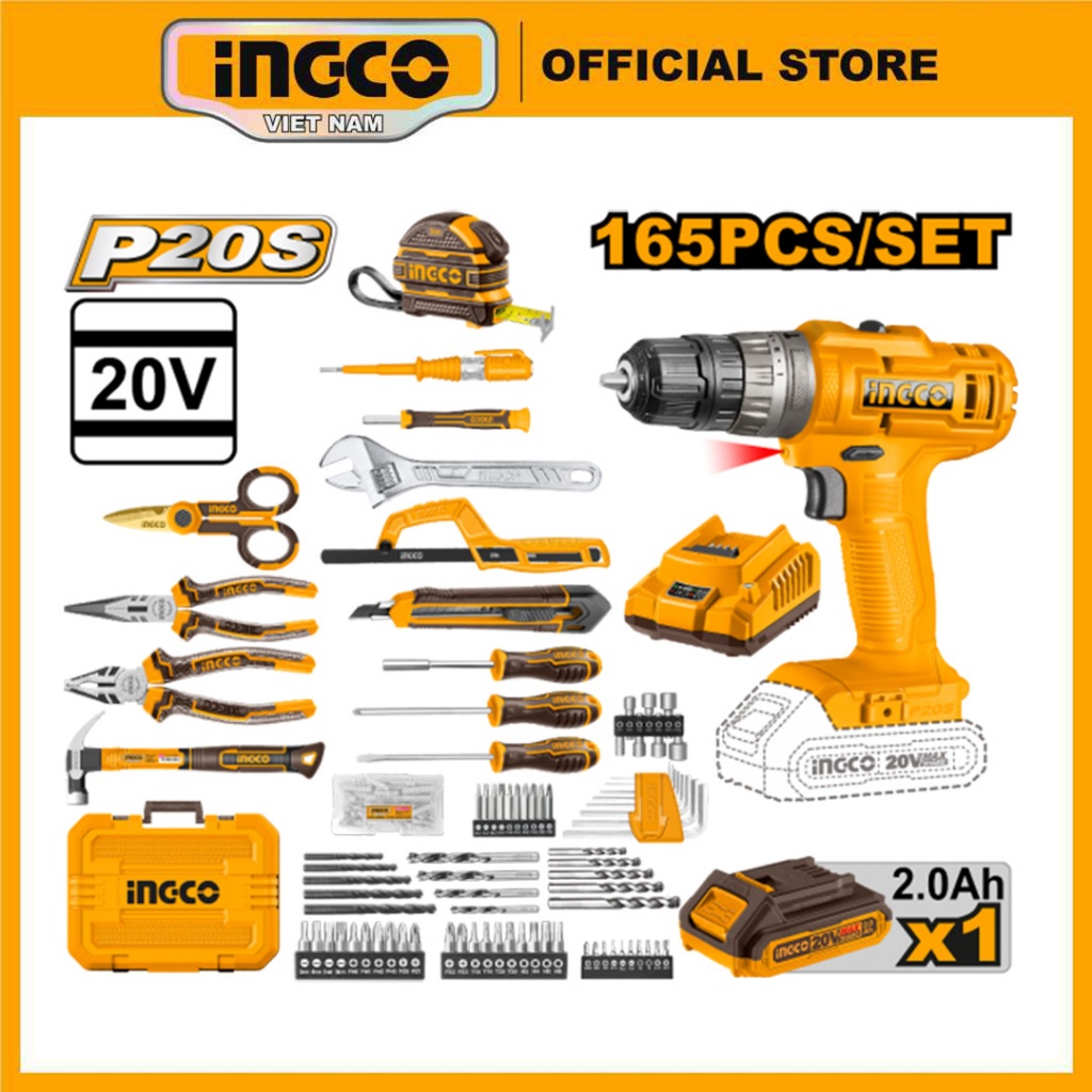 Bộ dụng cụ sửa chữa INGCO HKTHP11651 165 món kèm Máy Khoan Pin 20V 3 ...