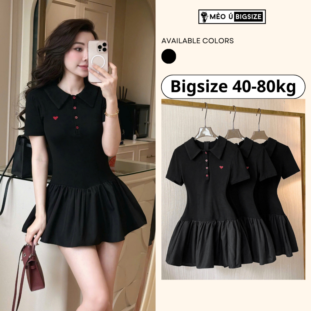 Đầm body nữ Mèo Ú BIGSIZE Váy polo cộc tay đính trái tim nhiều khuy ...