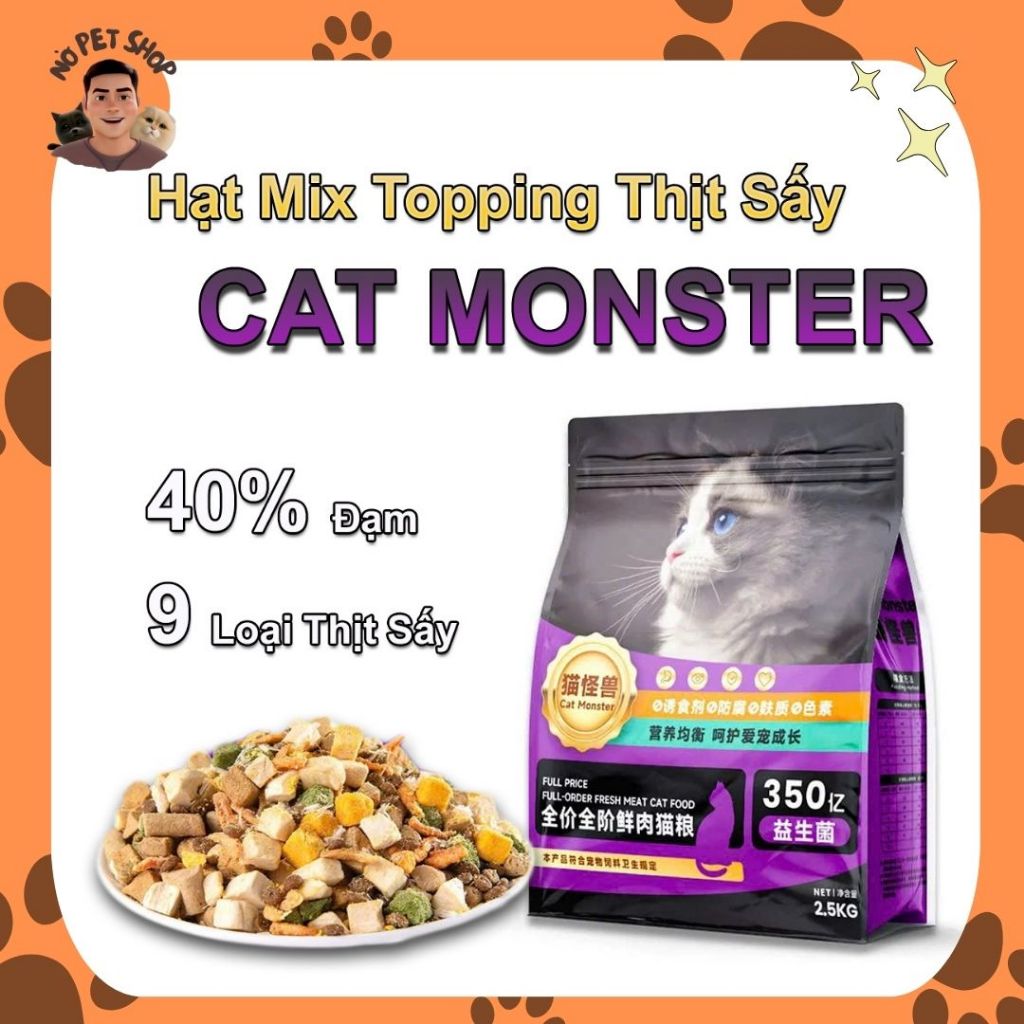 [5KG] Thức ăn hạt cho mèo CAT MONSTER trộn thịt sấy đạm 40%, Thức ăn ...