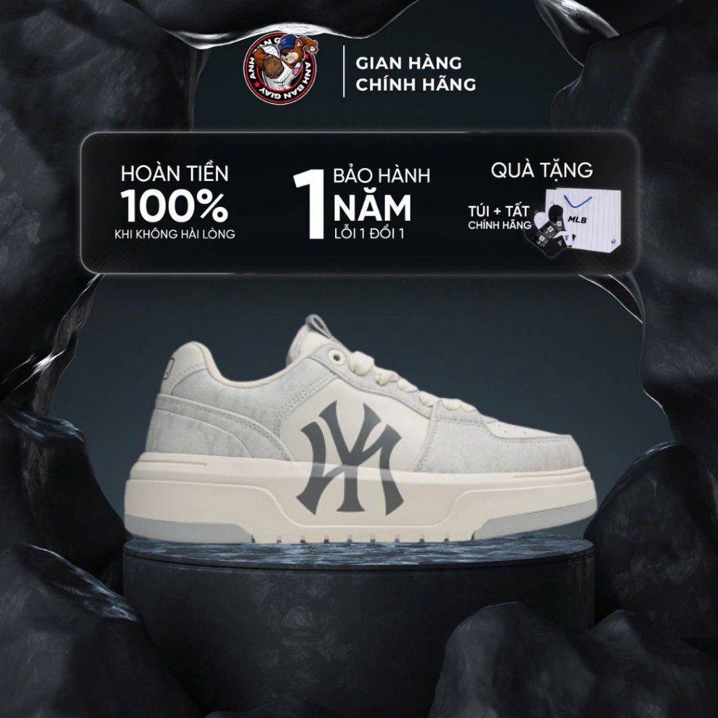 [ Chính Hãng Full Hidentag ] Giày MLB Korea Chunky Liner Denim Classic Mono New York Yankees ...