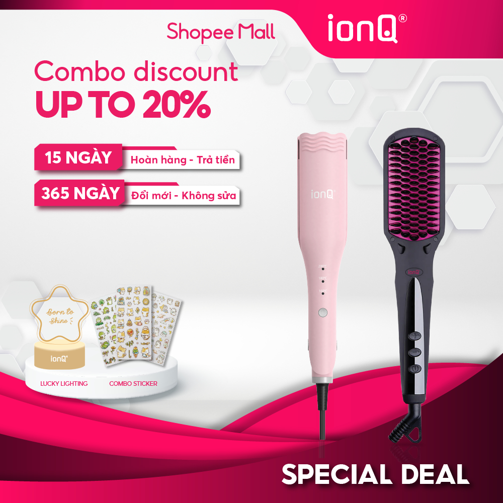 Combo Máy uốn tóc xoăn sóng nước Hippie ionQ Rovy và Lược điện chải tóc ionQ Silky 200 triệu ion ...