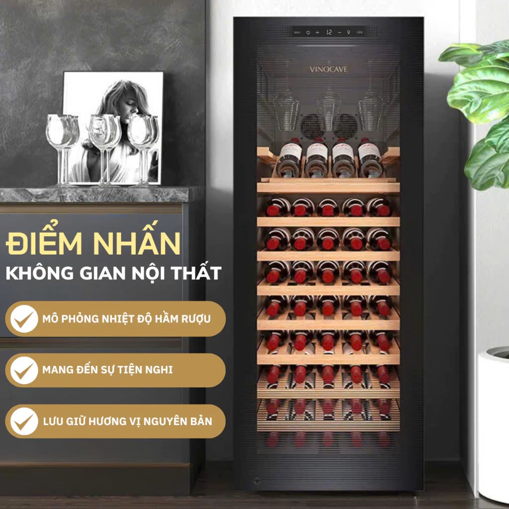 Tủ rượu vang, tủ bảo quản rượu vang Vinocave 85 chai máy nén, cửa kính ...