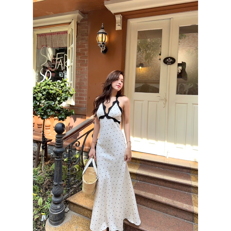 MAYA DRESS - Váy lụa cột dây phối viền ren hoạ tiết chấm bi | Shopee ...