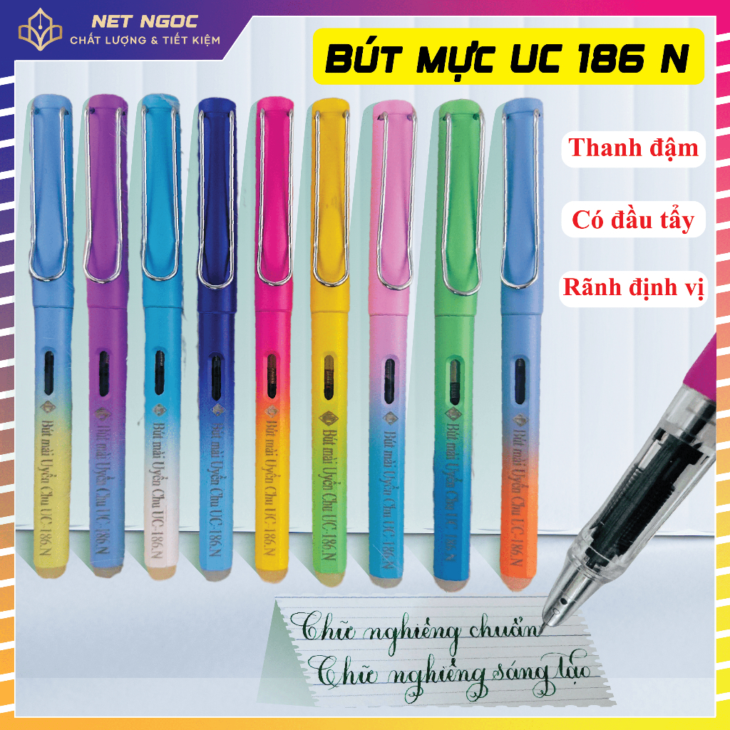 Bút mực mài UC 186N - Ngòi kim thanh đậm có rãnh định vị tay cầm đa màu ...