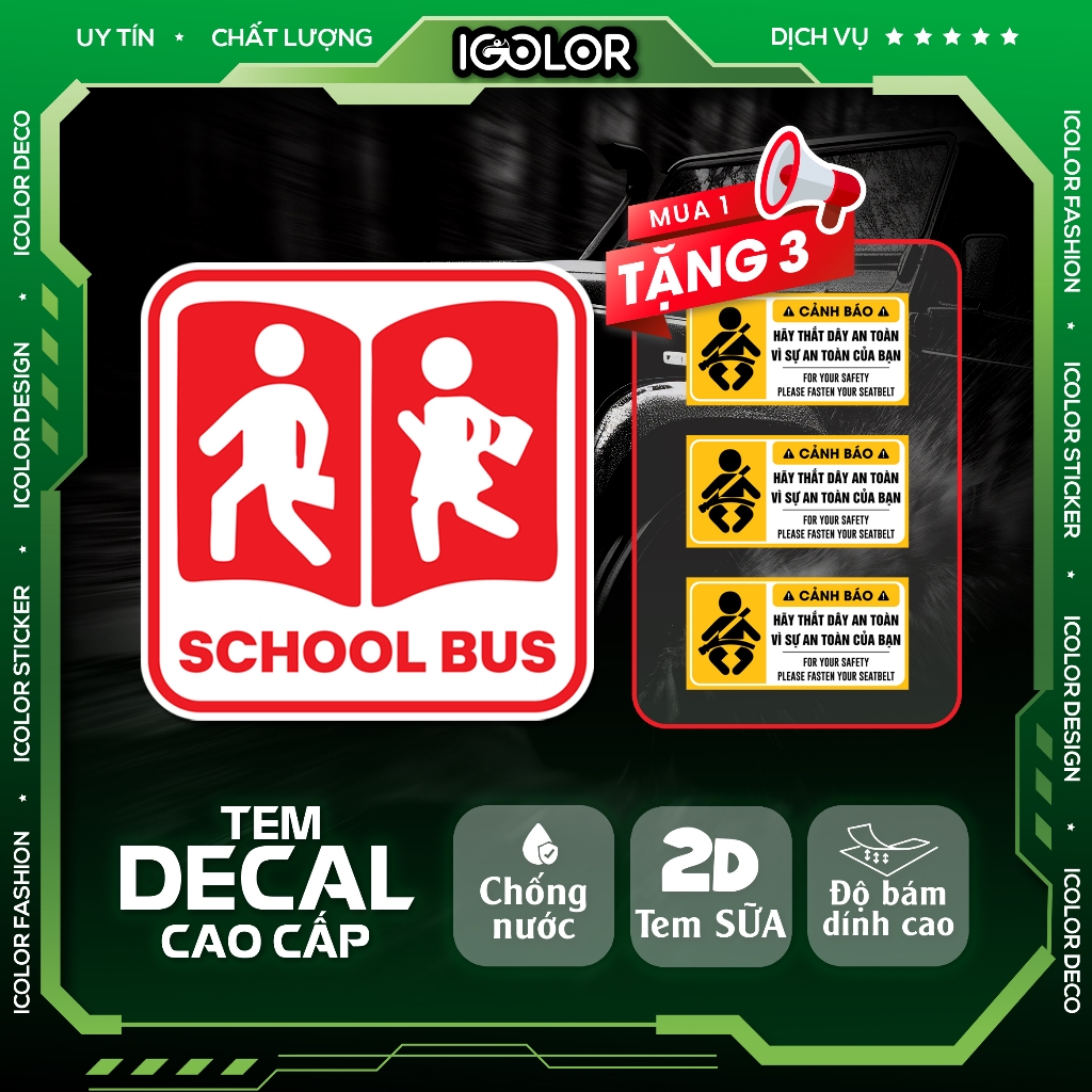Combo tem School Bus dán xe ô tô, decal xe đưa đón học sinh chống nước ...