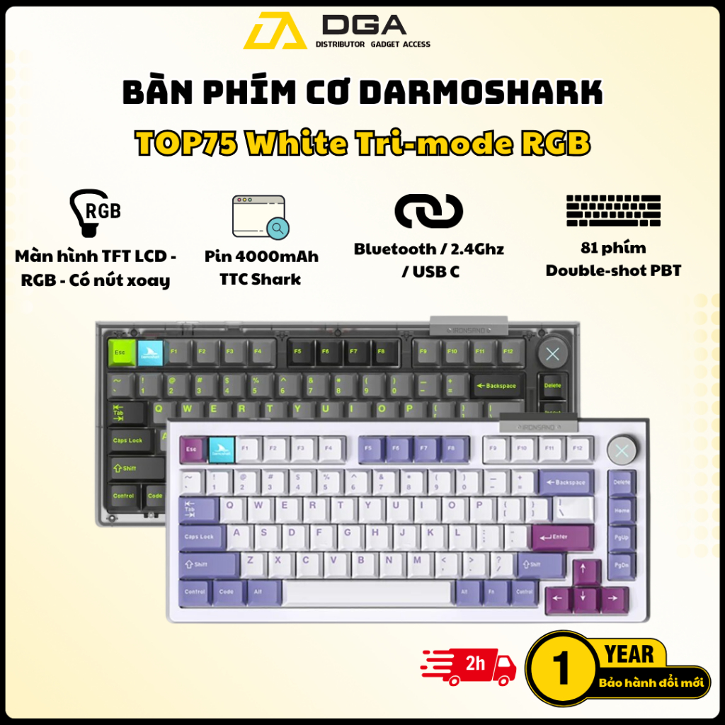 Bàn phím cơ Darmoshark TOP75 White Tri-mode RGB TTC Shark switch - Hàng chính hãng | Shopee Việt Nam