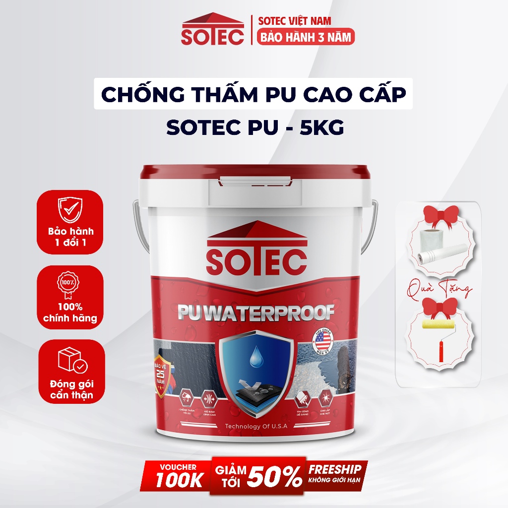 Keo Chống Thấm Sàn Mái, Sân Thượng, Tường Đứng SOTEC - PU (5 Lít/Kg) Chống Thấm Trần Nhà, Chống ...
