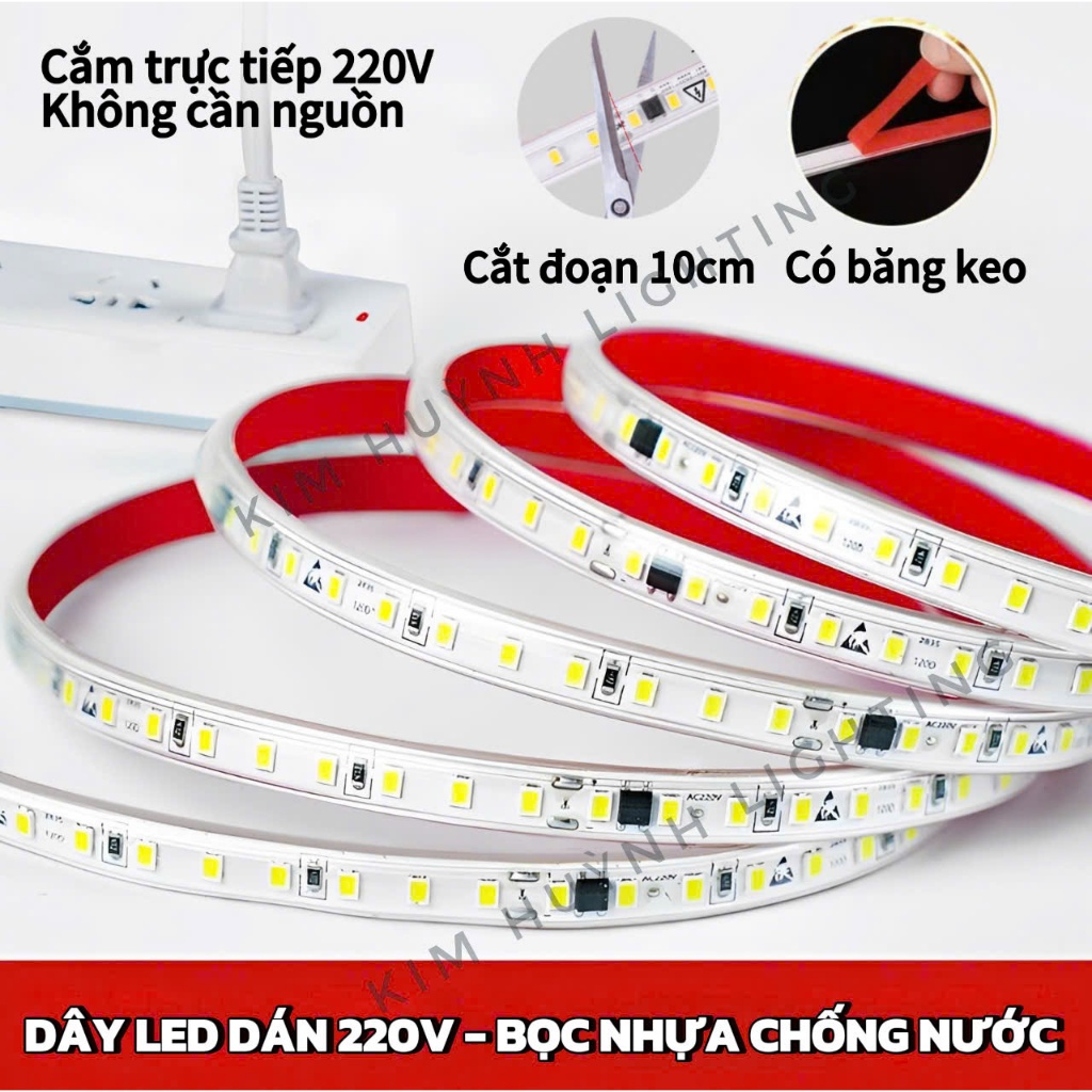 Dây đèn Led dán điện 220V cắt đoạn 10cm, chống nước trang trí tủ kệ ...