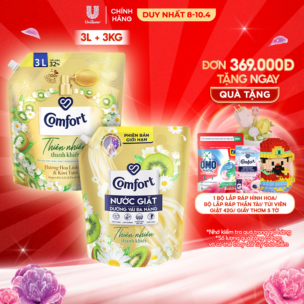 Combo Nước giặt Comfort dưỡng vải đa năng + Nước xả vải Comfort thiên nhiên thanh khiết Túi 3kg ...