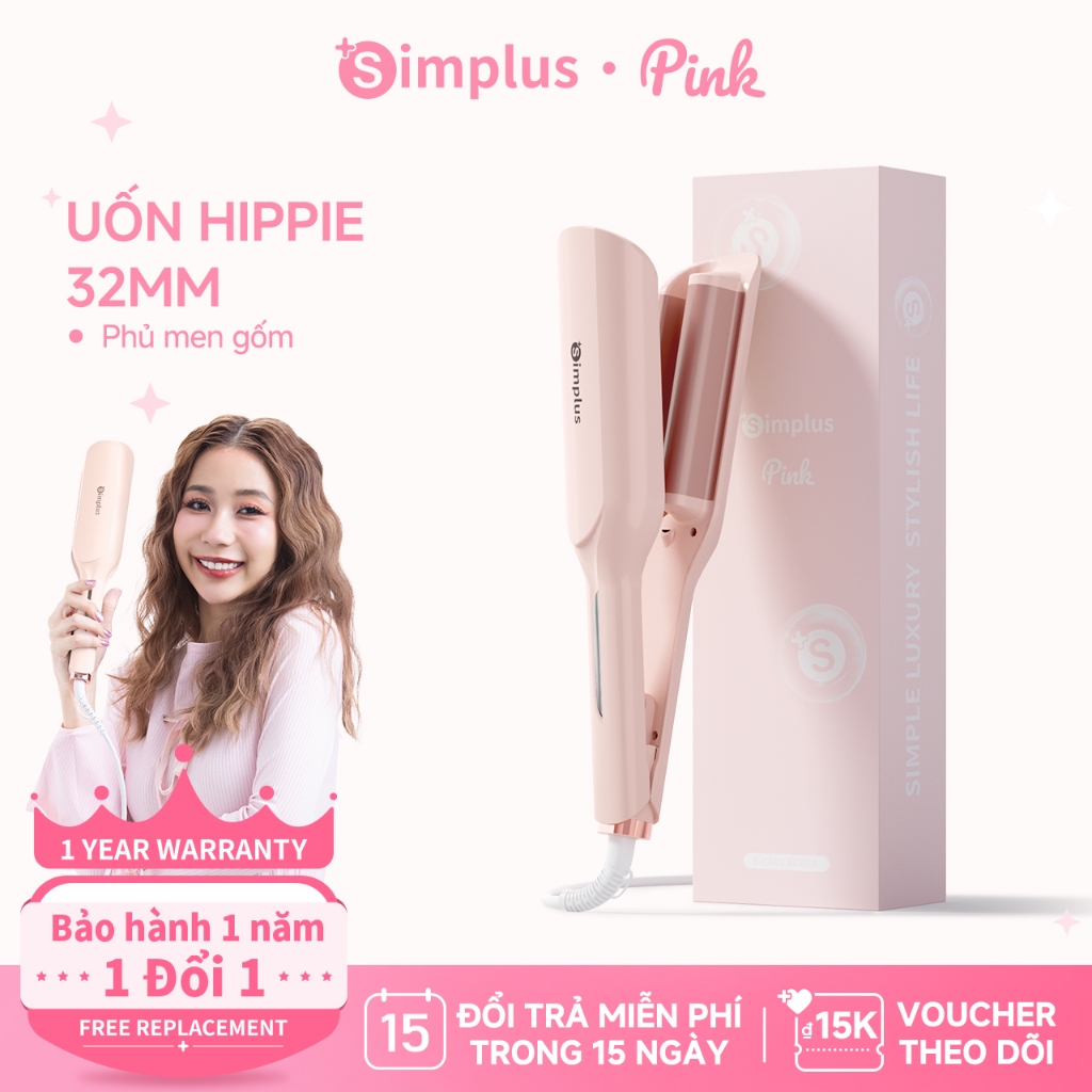 Simplus Pink Máy uốn tóc Hippie 32MM - Máy 5 mức nhiệt, phủ men gốm cao cấp JFBA011 - Bảo Hành 1 ...