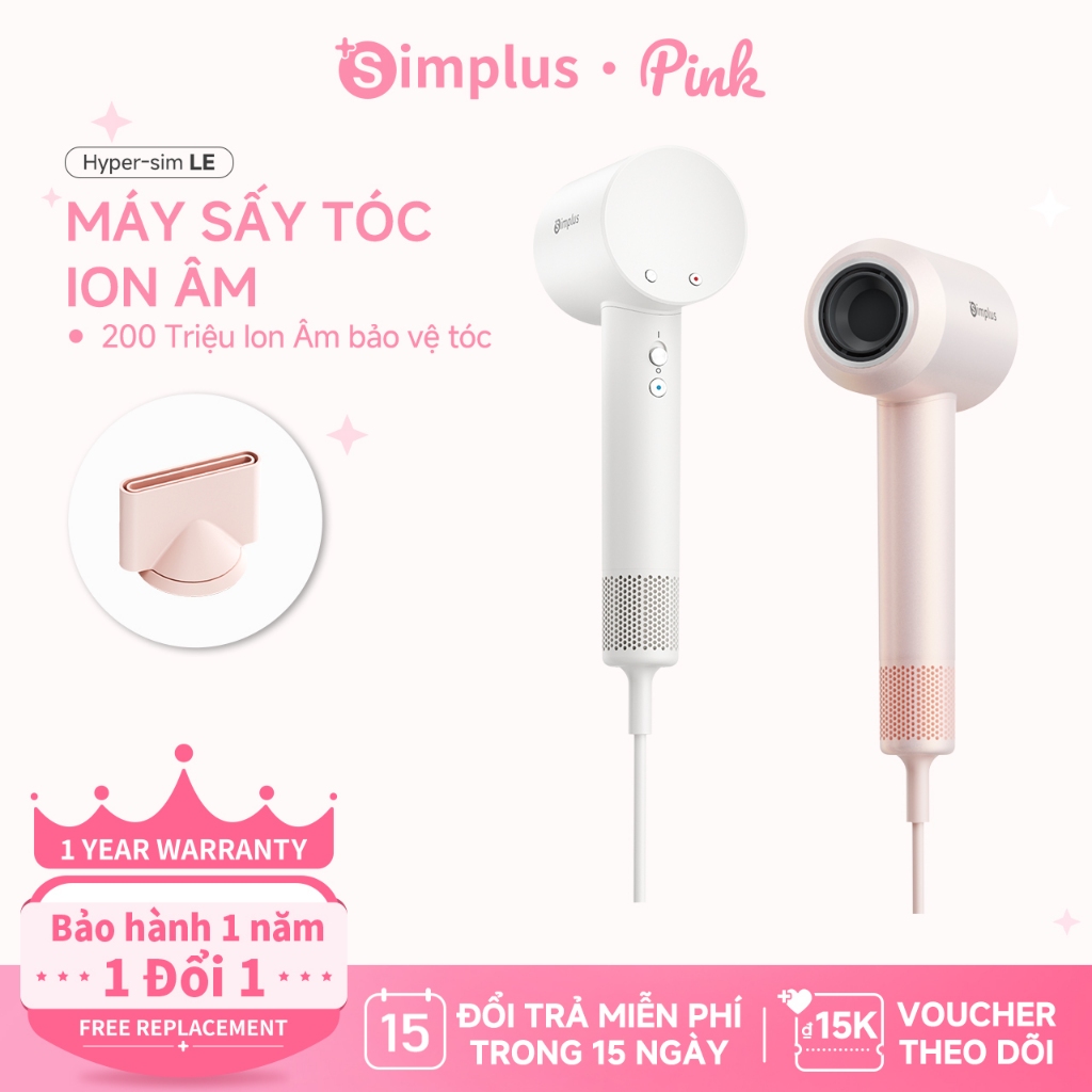 Simplus Pink Máy sấy tóc 200 Triệu Ion Âm - Tốc độ cao, Siêu nhẹ 304g CFJH010 - Bảo Hành 1 Năm 1 ...