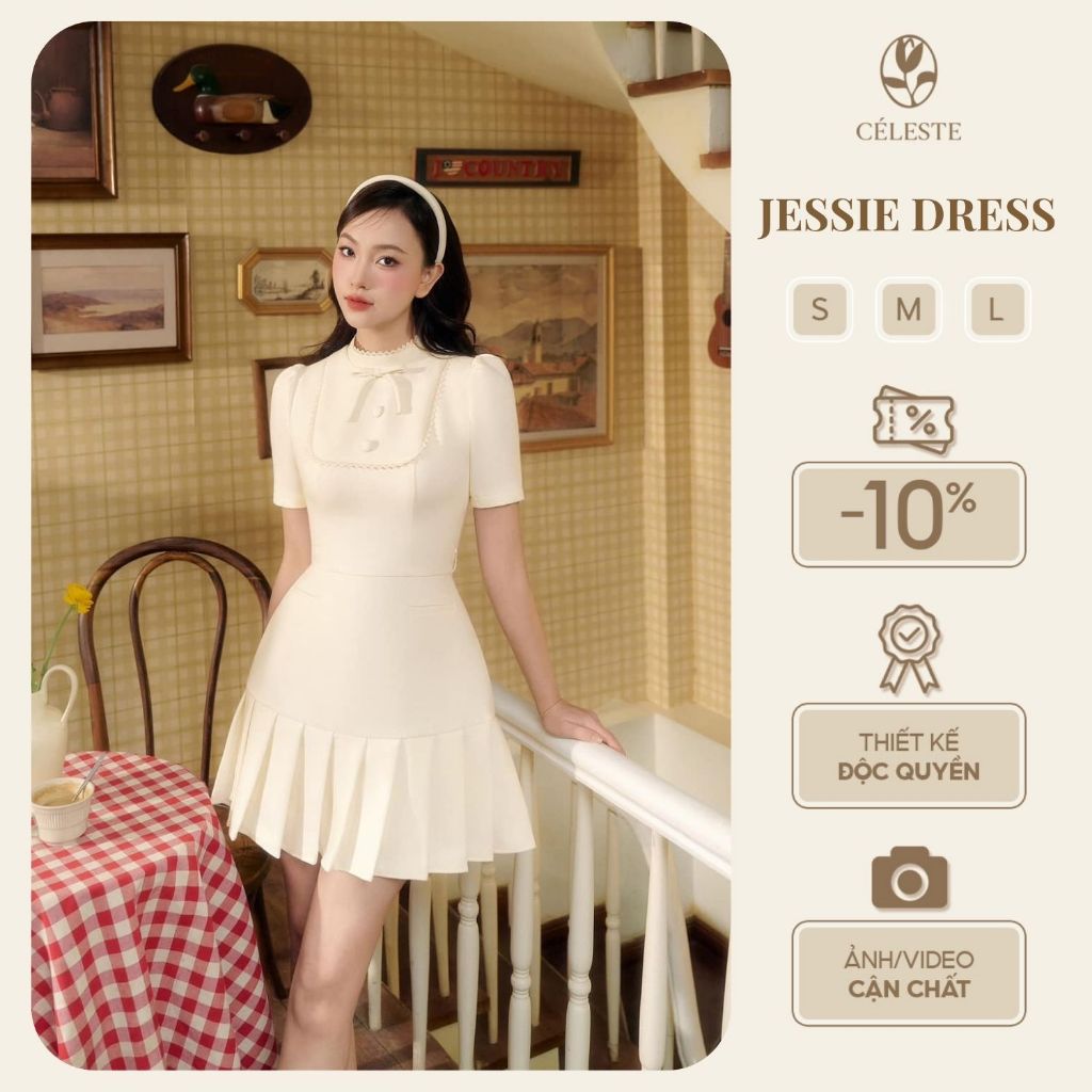CÉLESTE - Váy Đầm Tiểu Thư Dáng Xoè Xếp Ly Đính Nơ Chất Thô Chéo Mềm ...
