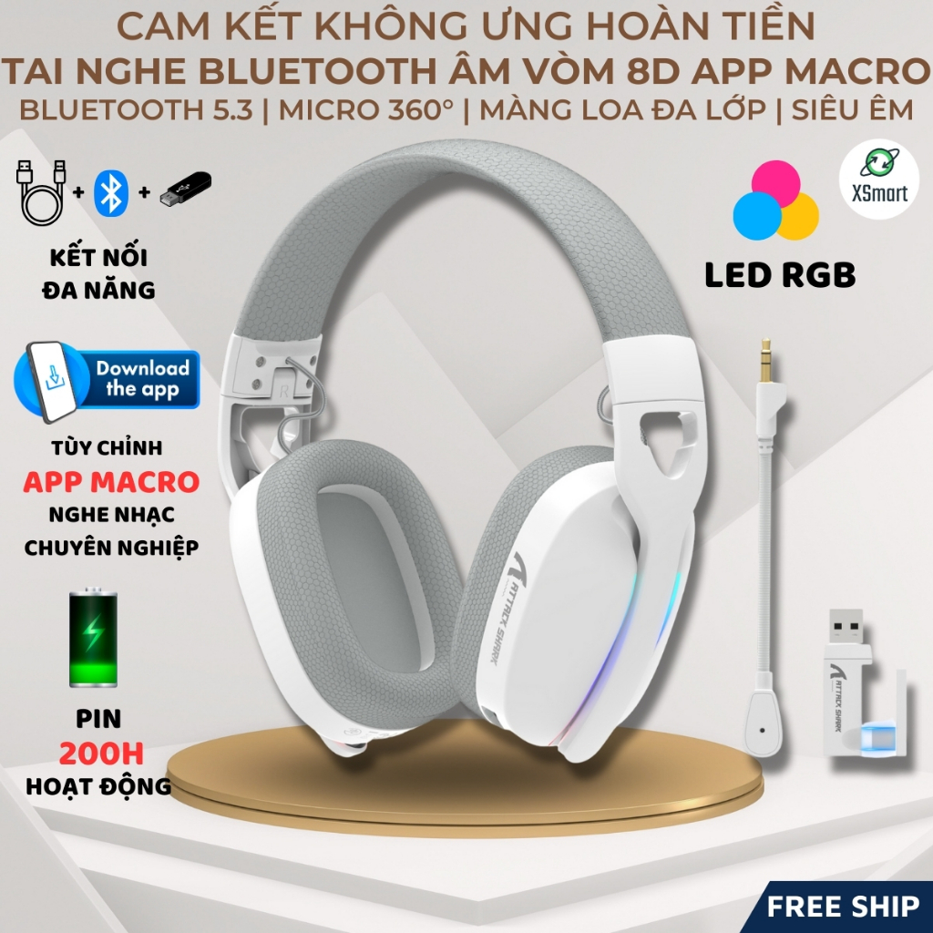 Tai Nghe Gaming Chụp Tai Không Dây Attack Shark L90 LED RGB Micro, Bluetooth 5.3, App Macro, Pin ...
