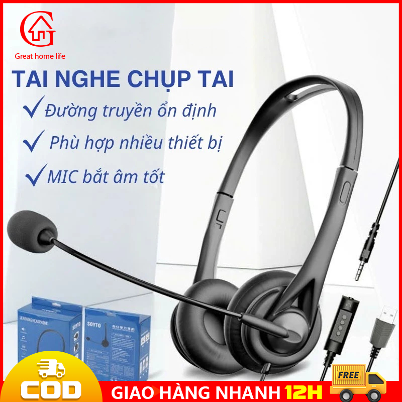【🔥COD/12H】Tai nghe chụp tai có dây, tai nghe có mic cho pc, laptop ...