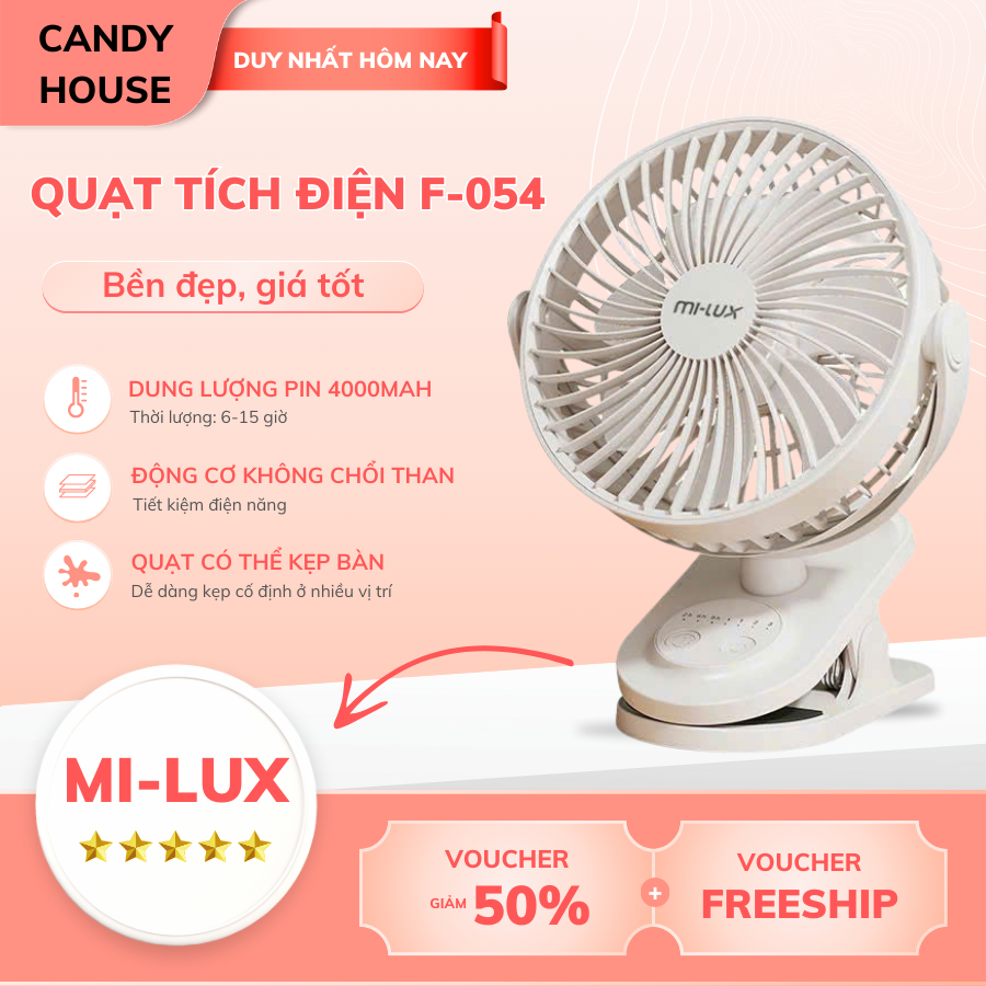 Quạt tích điện dạng kẹp Mi-lux F054 pin 4000mAh 3 chế độ gió cổng sạc ...