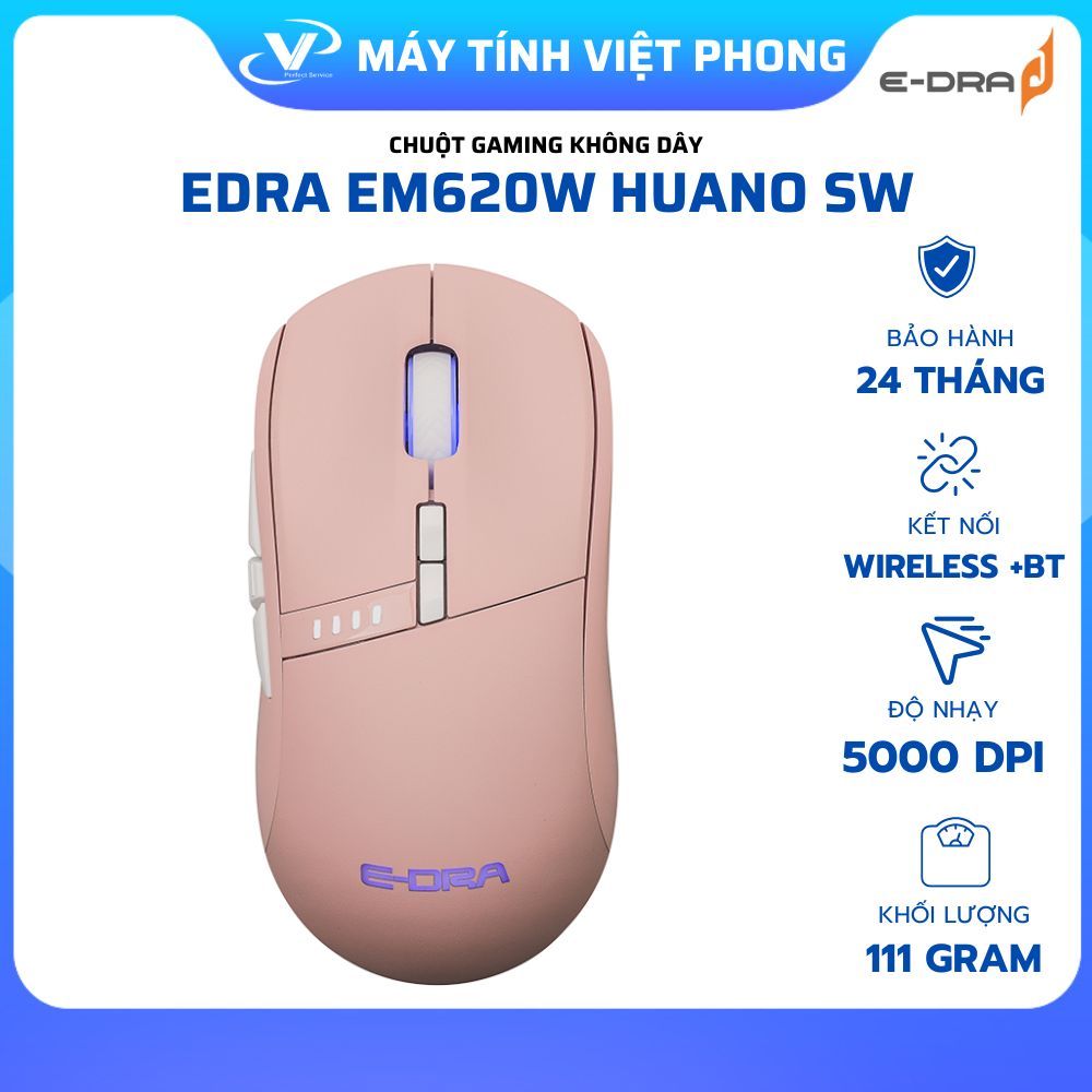 CHUỘT GAMING KHÔNG DÂY EDRA EM620W HỒNG (USB/RGB/Avago3325/Huano sw ...