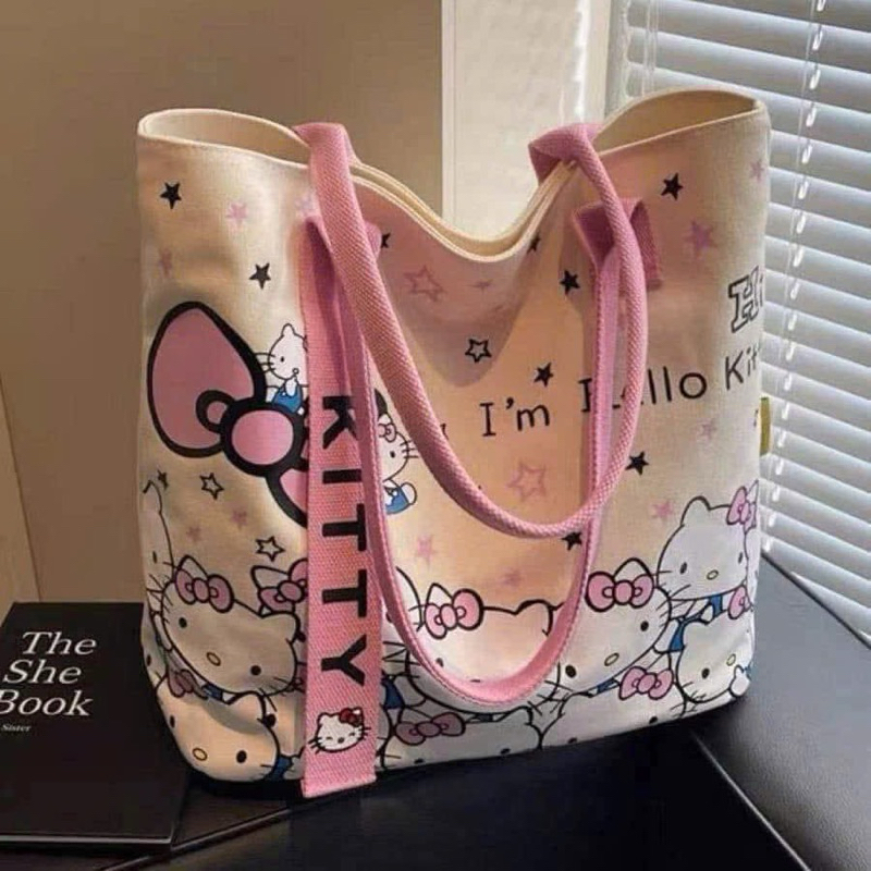 Túi tote heloo kitty, túi đeo vai vải canvas có khoá kéo. | Shopee Việt Nam