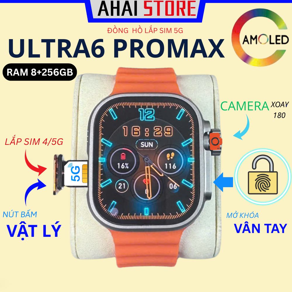 Đồng hồ ULTRA6 PROMAX Ram8+256gb mở khóa vân tay +lắp sim độc lập+ kết ...