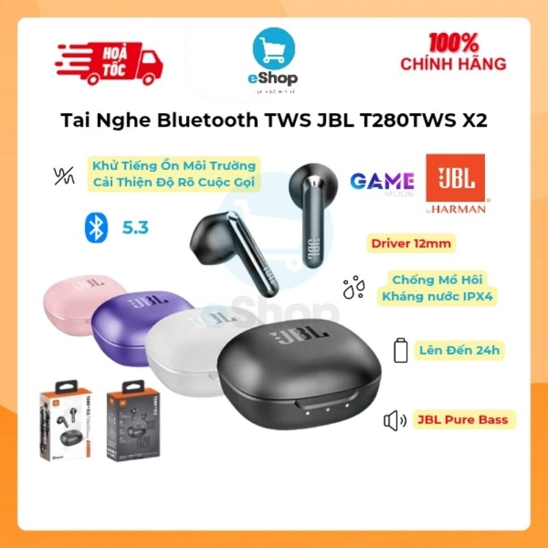 Tai Nghe Bluetooth TWS JBL T280TWS X2 Chính Hãng - JBL Pure Bass, Giảm Tiếng Ồn Cuộc Gọi DSP ...
