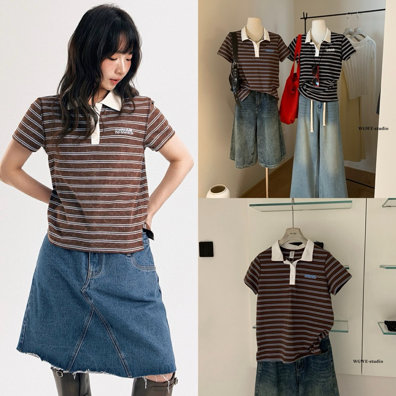 / WGWE / Áo Polo Thun Kẻ Sọc Mix Cổ Trắng W5188 | Shopee Việt Nam