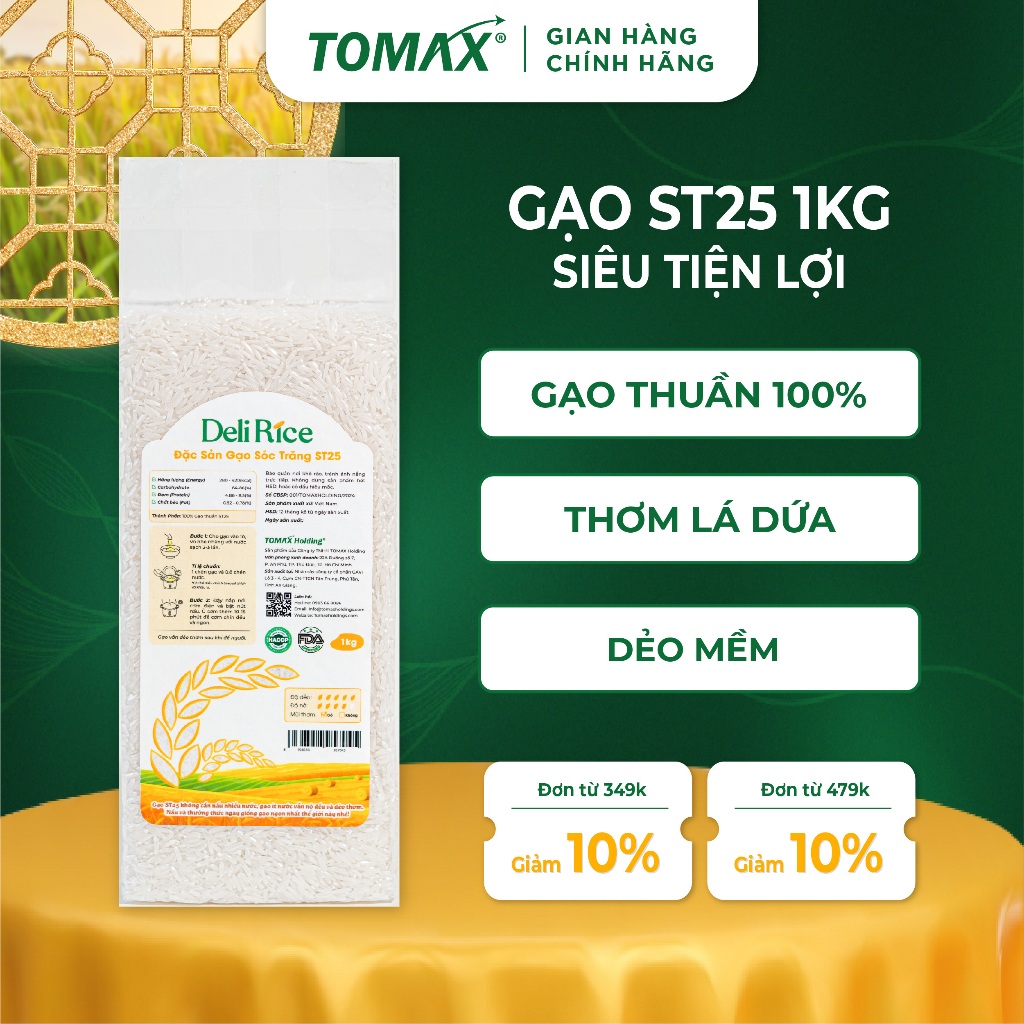 Gạo ST25 Deli Rice (túi 1kg hút chân không) dẻo vừa, ráo cơm, ngọt thơm ...