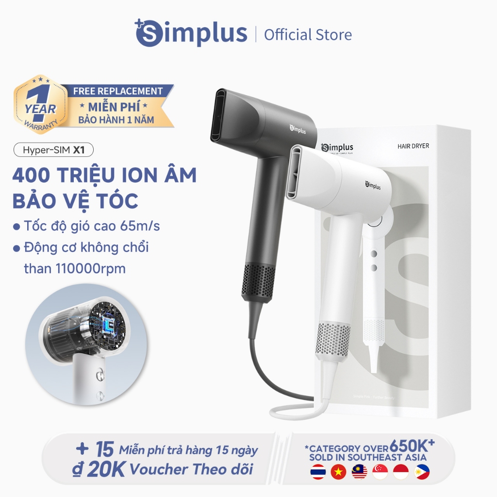 Máy Sấy Tóc Simplus Hyper-SIM X2 Tốc độ gió cao 65m/s 3 Mức Nhiệt 2 Tốc Độ Gió 400 Triệu Ion Âm ...