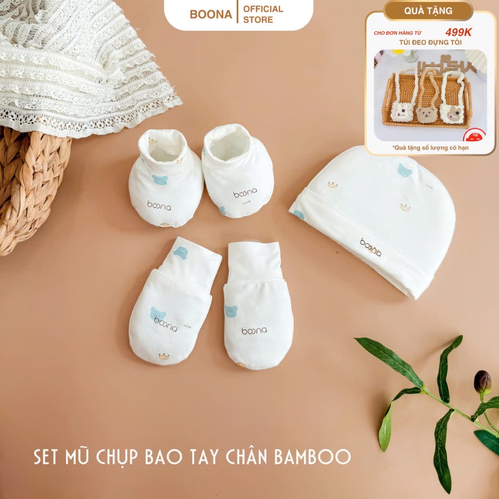 Set bao tay, bao chân kèm mũ tròn Boona cho bé sơ sinh chất liệu bambo co giãn tốt, giữ ấm cho ...