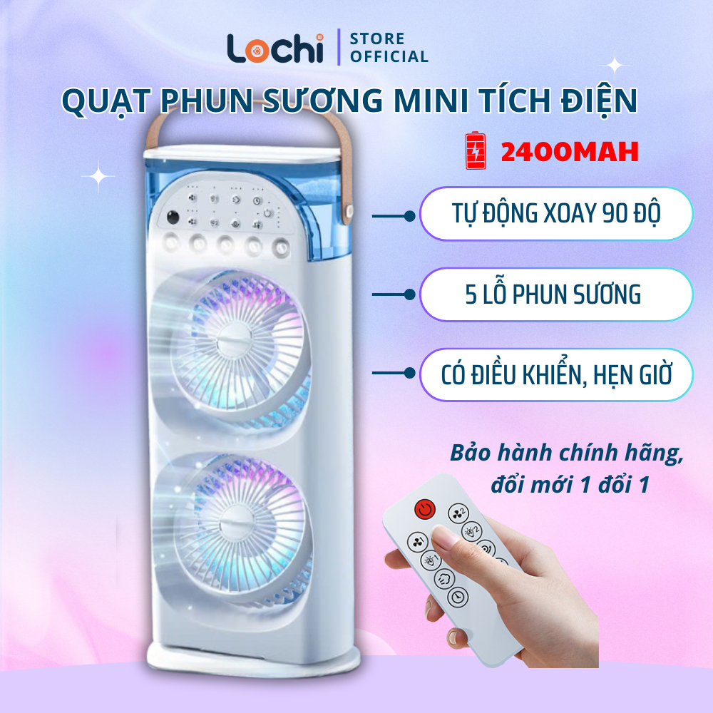 Quạt phun sương mini tích điện 5 lỗ phun sương điều khiển từ xa sạc usb có đèn led bảo hành 1 ...