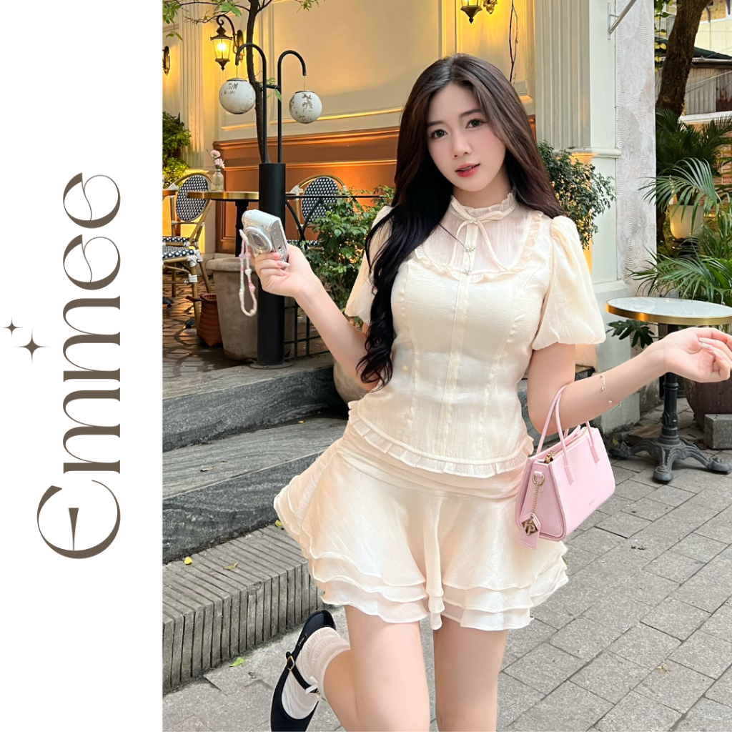 Emmee - Ivy Set - Set áo chân váy tơ lụa - áo tay bồng cách điệu cổ nơ ...