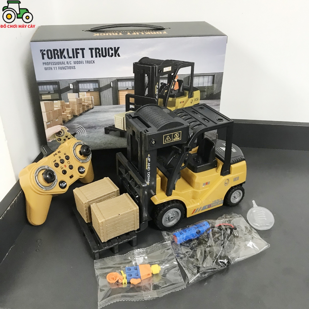 Xe nâng hàng hóa - Điều khiển từ xa (RC), có còi, phun khói, nổ máy, lốp cao su, chế độ Demo ...